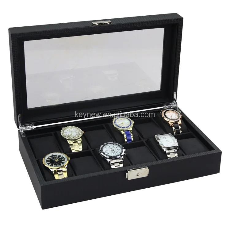 12-watch Display Box Black Carbon Fiber Design With Glass Top ...