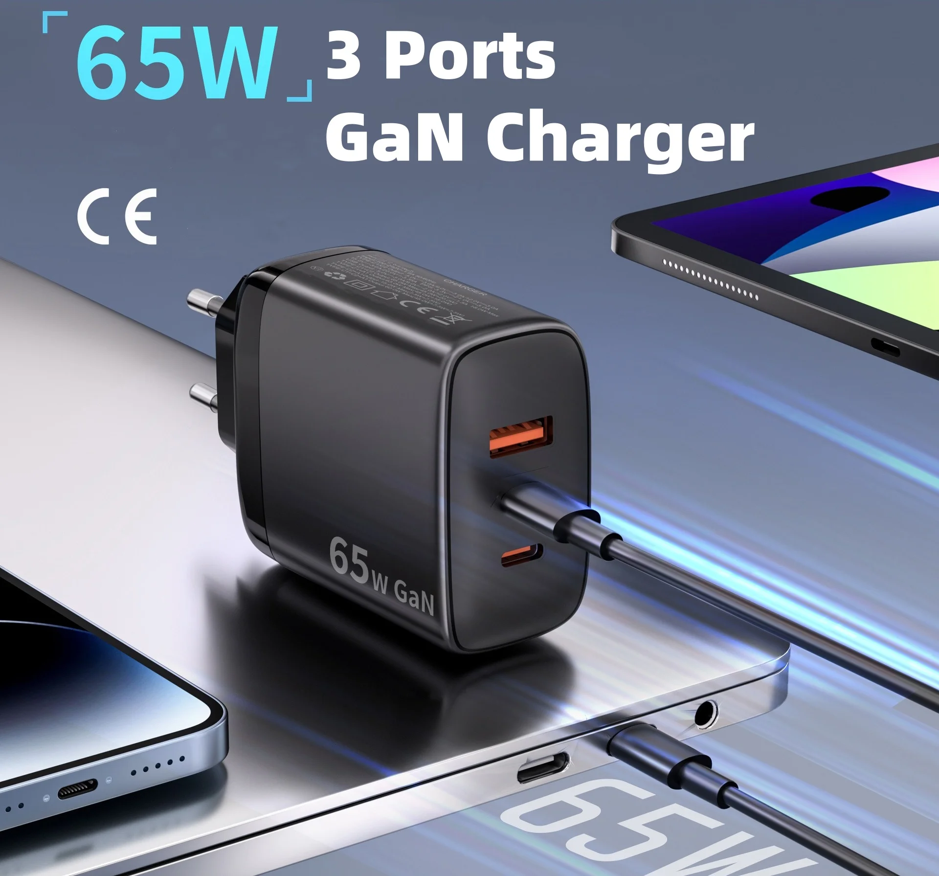 Compact 65W 67W 20V 3.35A 2C1A Fast Charging Wholesale GaN Tech 3-Port Wall Charger CE RoHS ...