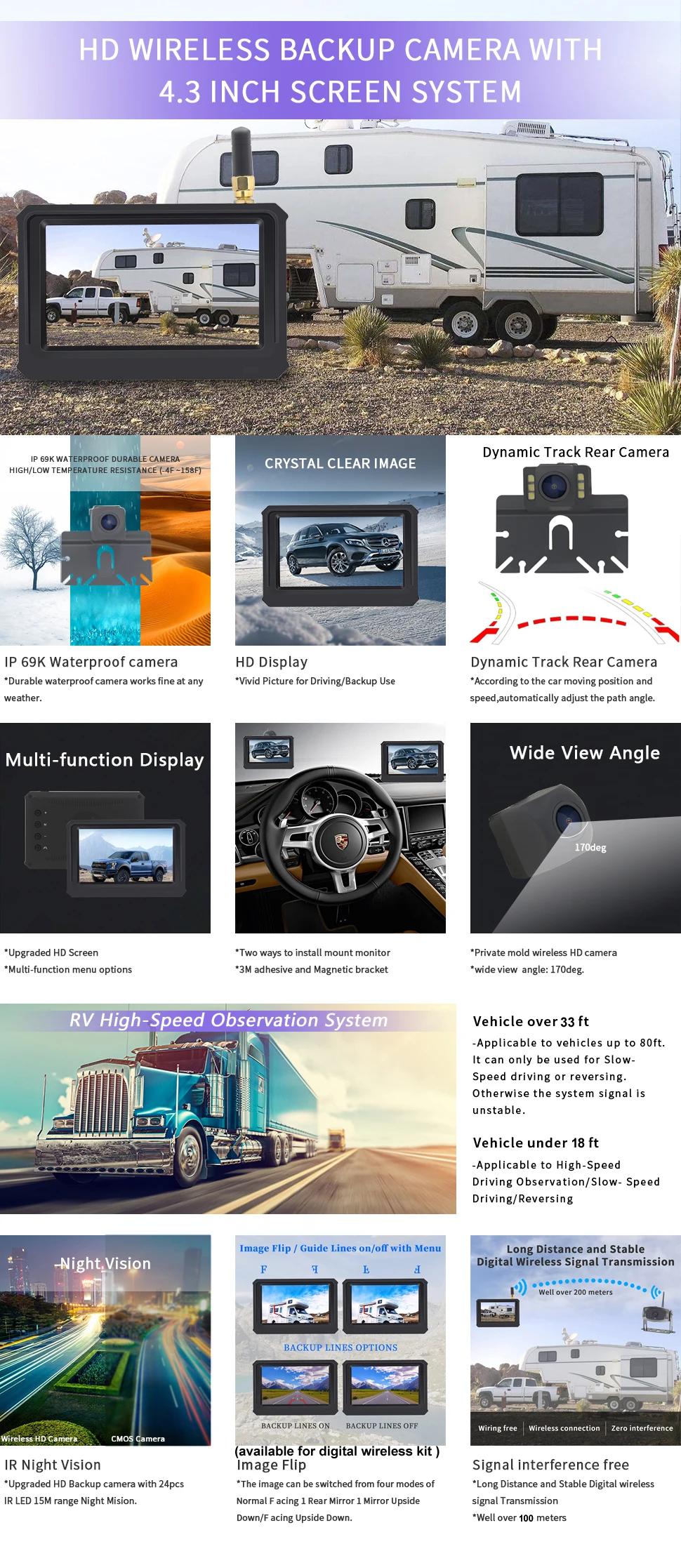 Dynamic Guideline Wireless Backup Camera System w Wireless Inbuilt 4 ...