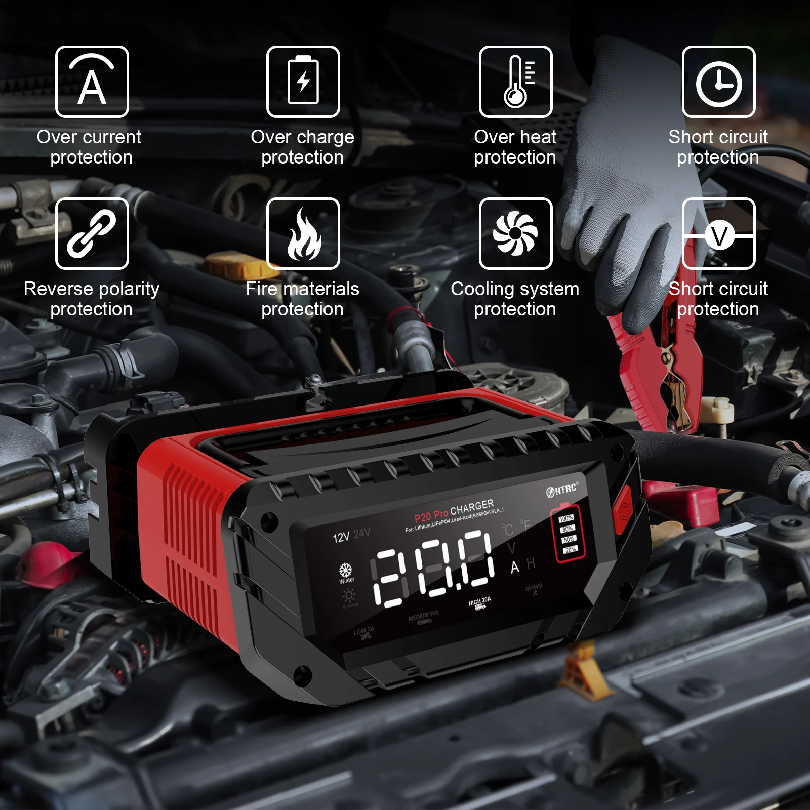 HTRC20 Fully-Automatic 20 Amp Smart Electric Car Battery Charger 12V ...