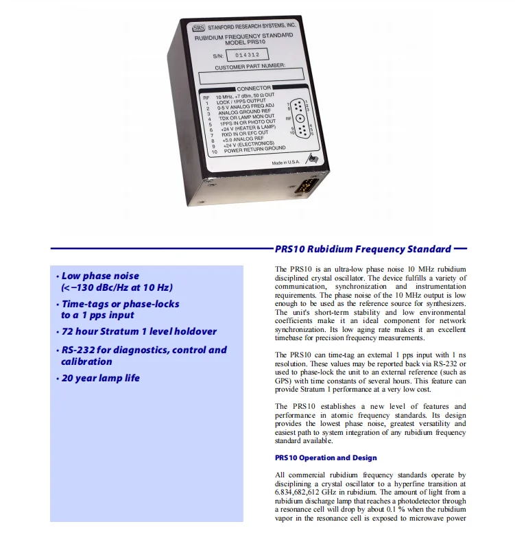 PRS10 Rubidium Atomic Clock - Reliable 10 MHz Output, 72-Hour Holdover ...
