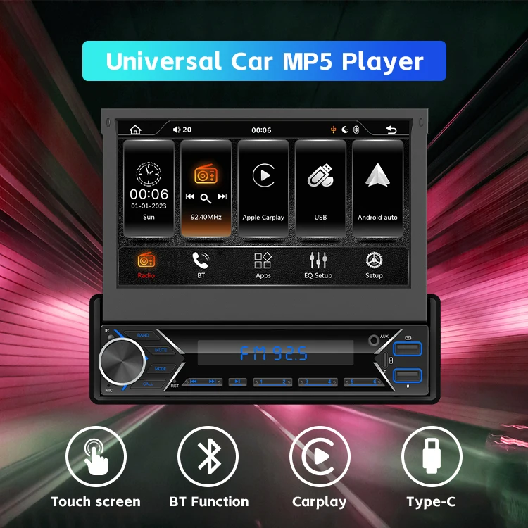 1 Din Android Car Mp5 Radio Autoradio 7'' Automatic Retractable Screen Gps Wifi Bt Usb Fm Rds ...
