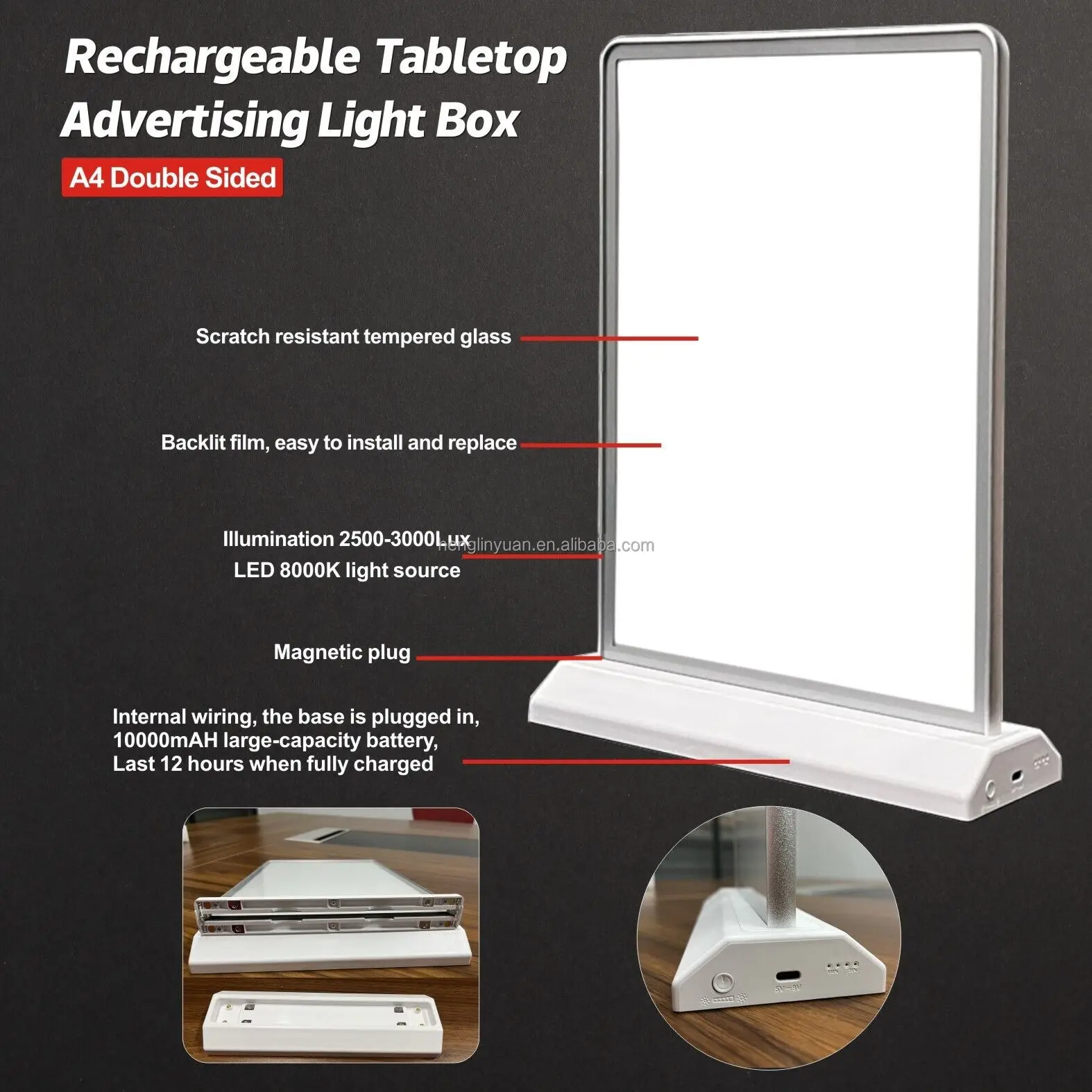 A4 Desktop Advertising Light Box LED Rechargeable Battery Inside Double ...