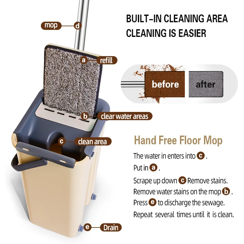 Flat Mop Bucket System Mop Head Reusable Microfiber Pads Floor Mops ...