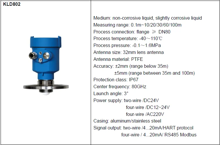 KLD800 Series FMCW 80G Radar Level Sensor for Liquid/solid Measurement