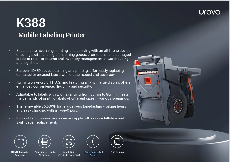 UROVO Handheld Label Printer K388 - Portable & Efficient