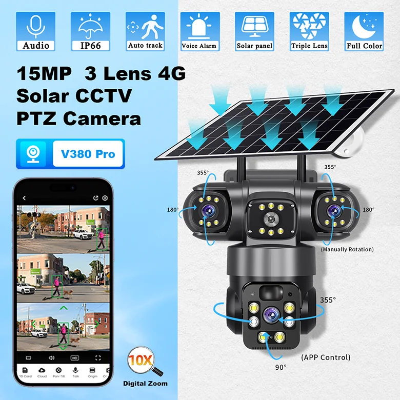 15MP Solar Smart Net Camera V380 3 Lens Solar Ptz Cctv Network Camera ...