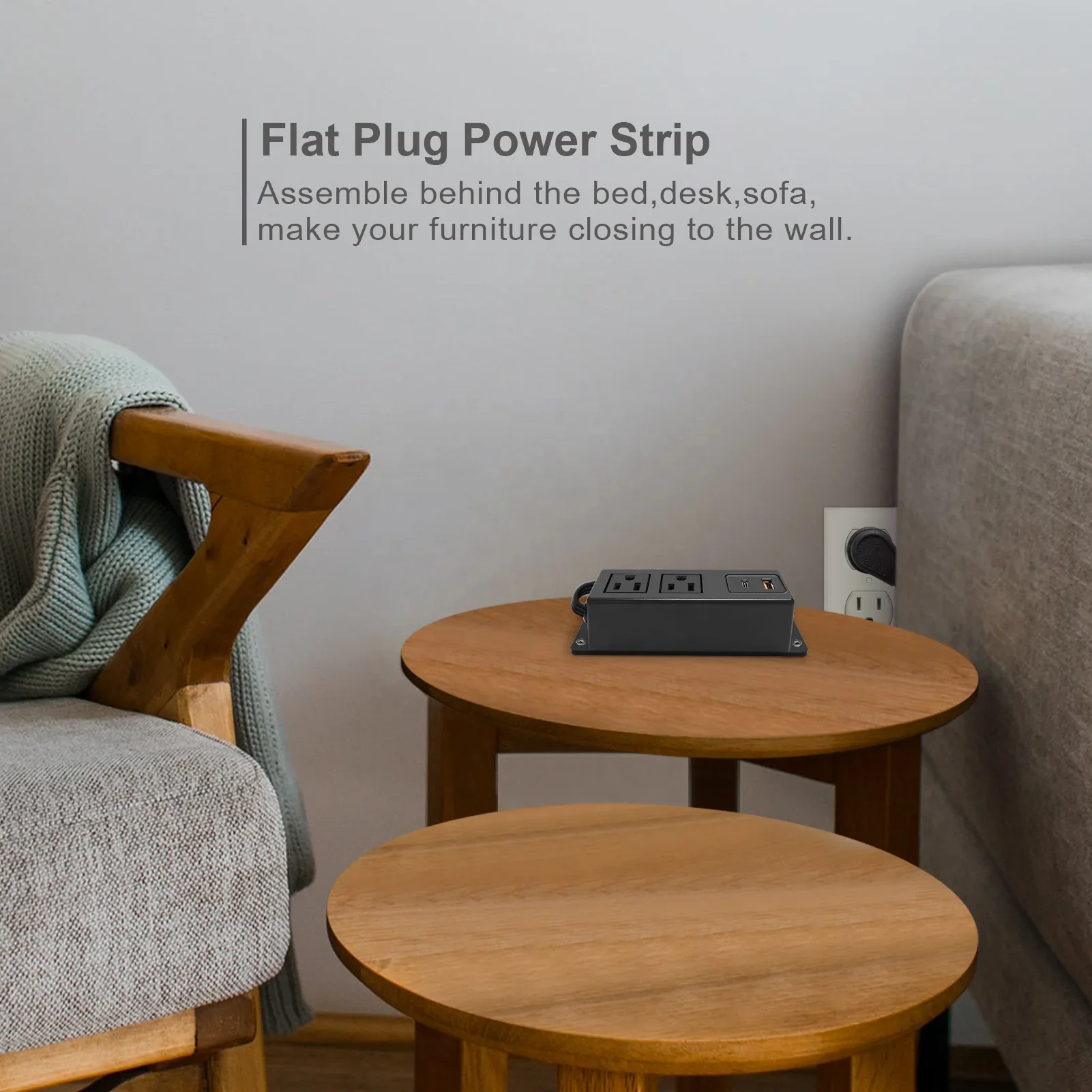 Under Desk Desktop Mounted US Power Strip with 2 USB Ports