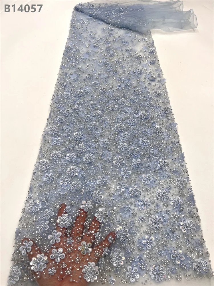 Royal Blue Net Fabric Sequins Beads Embroidery 3D Flower Pearl Lace ...