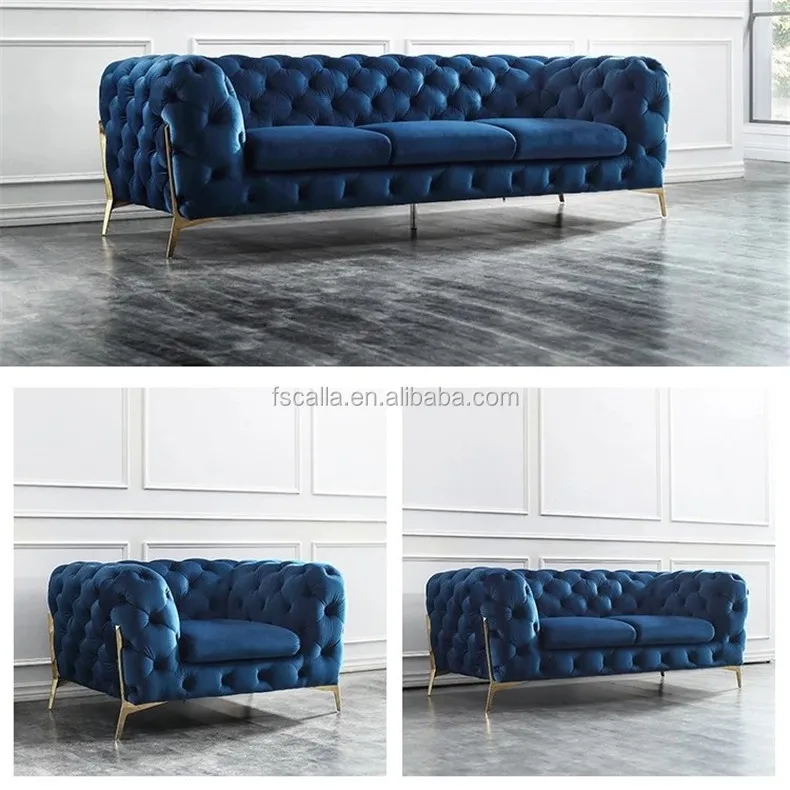 Chesterfield Design Royal Luxury Gold Foot Genuine Leather Sofa Set for ...