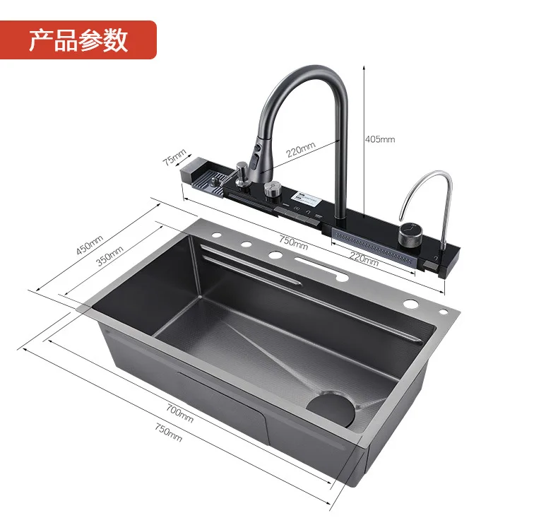 Black Handmade Farmhouse Undermount Sus304 /201 Smart Waterfall Glass ...