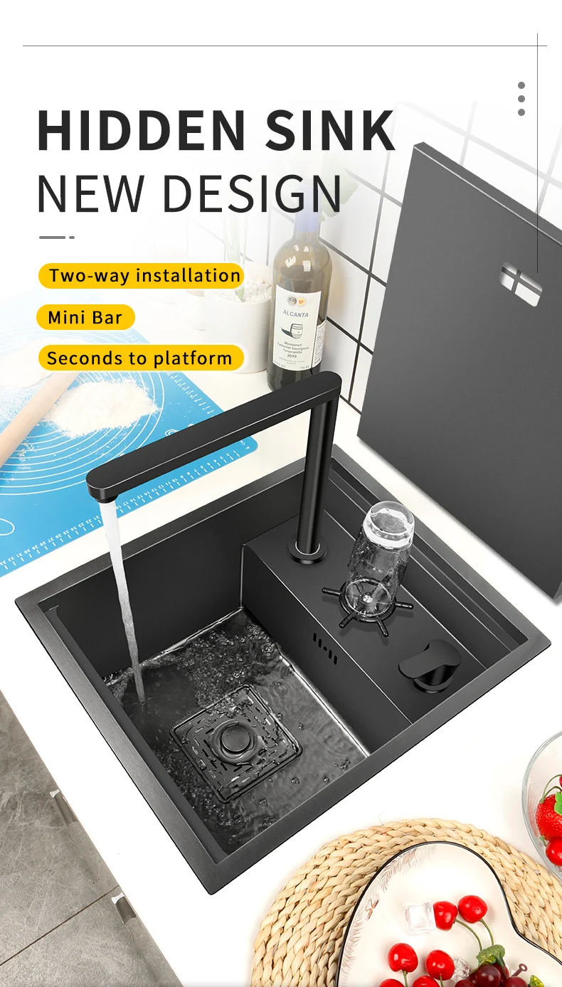 Hidden Washbasin Stainless Steel Sink - Black Single Bowl