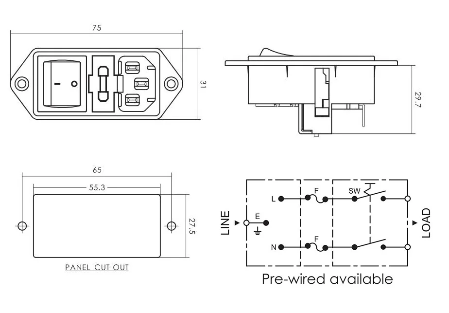 3 Pin IEC320 C14 Inlet Module Plug Fuse Switch Double Fuses