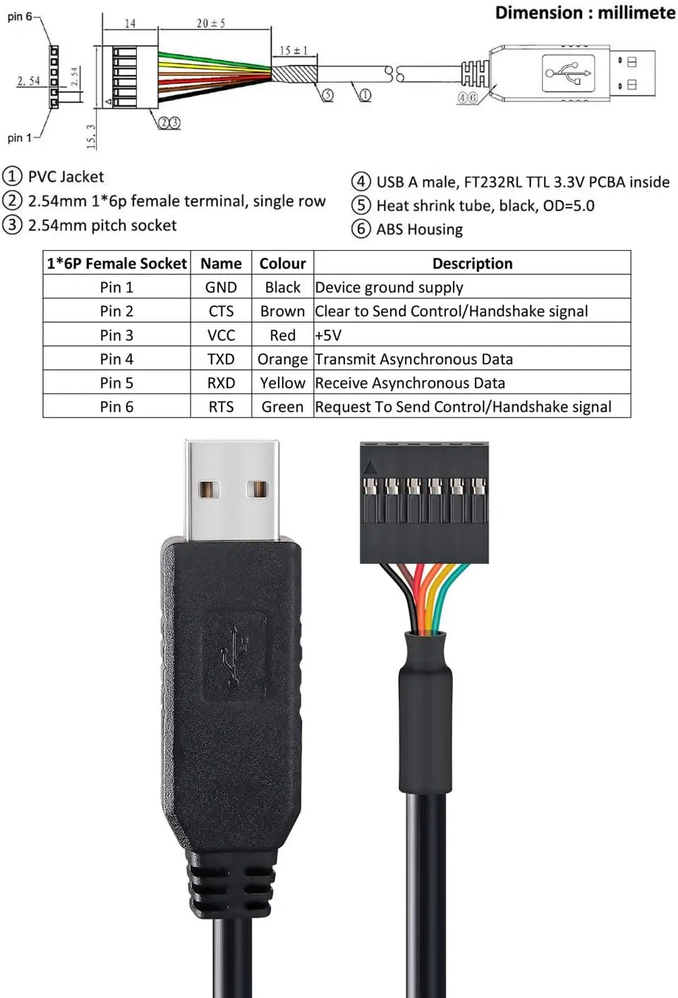 Ftdi Usb To Ttl Serial Adapter 3.3v Debug Cable 6 Pin Female Socket ...