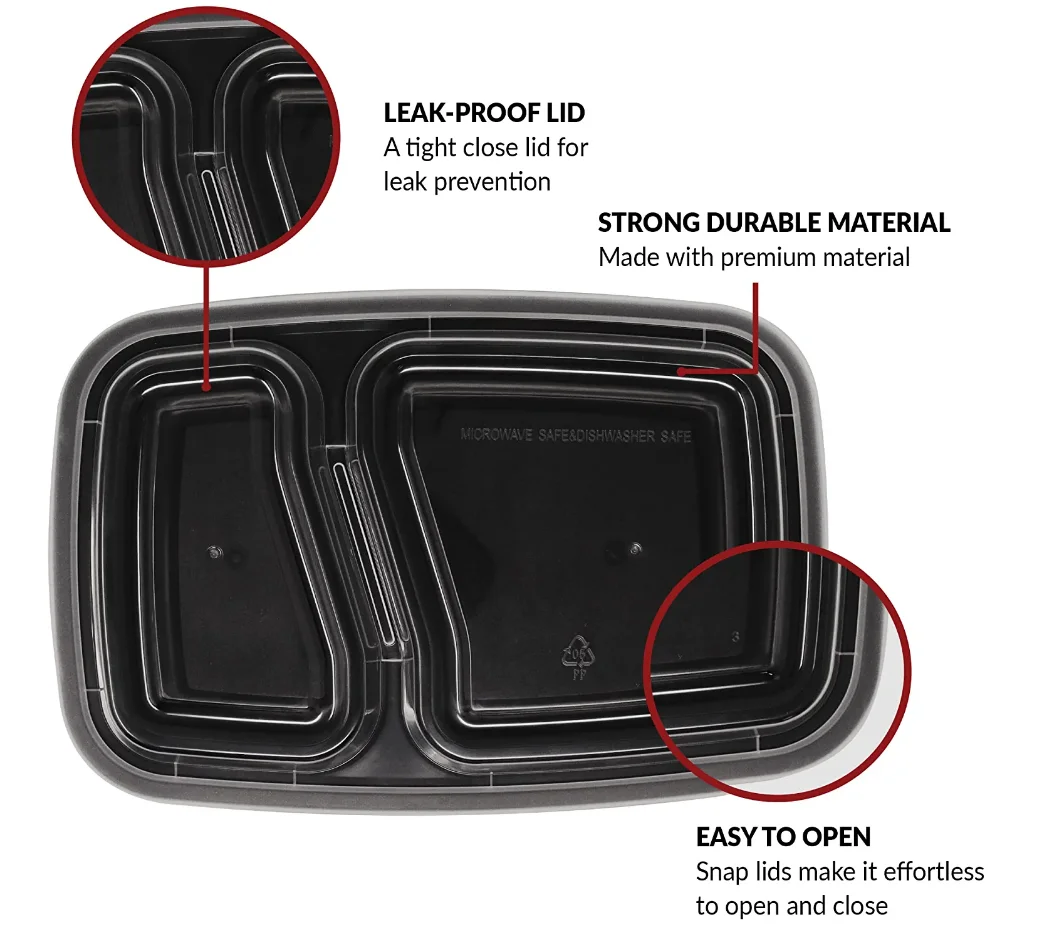 Rectangle 3 Compartment Reusable Plastic Containers With Lids ...