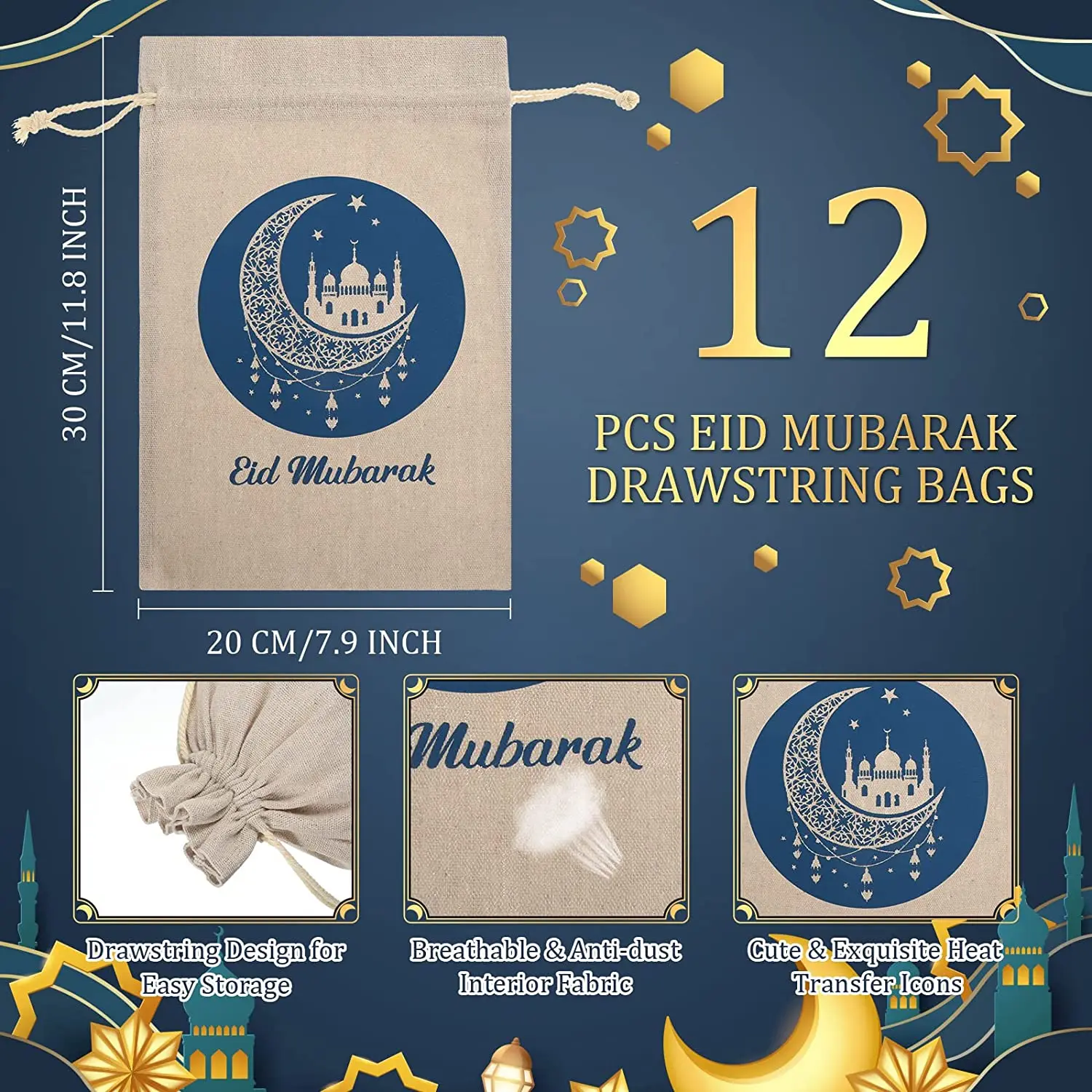 Ramadan Eid Mubarak Recyclable Cotton Drawstring Gift Bag Large ...