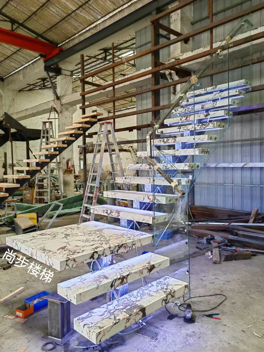 Mono Beam Staircase Interior Stairs Marble Tread & Glass Railing