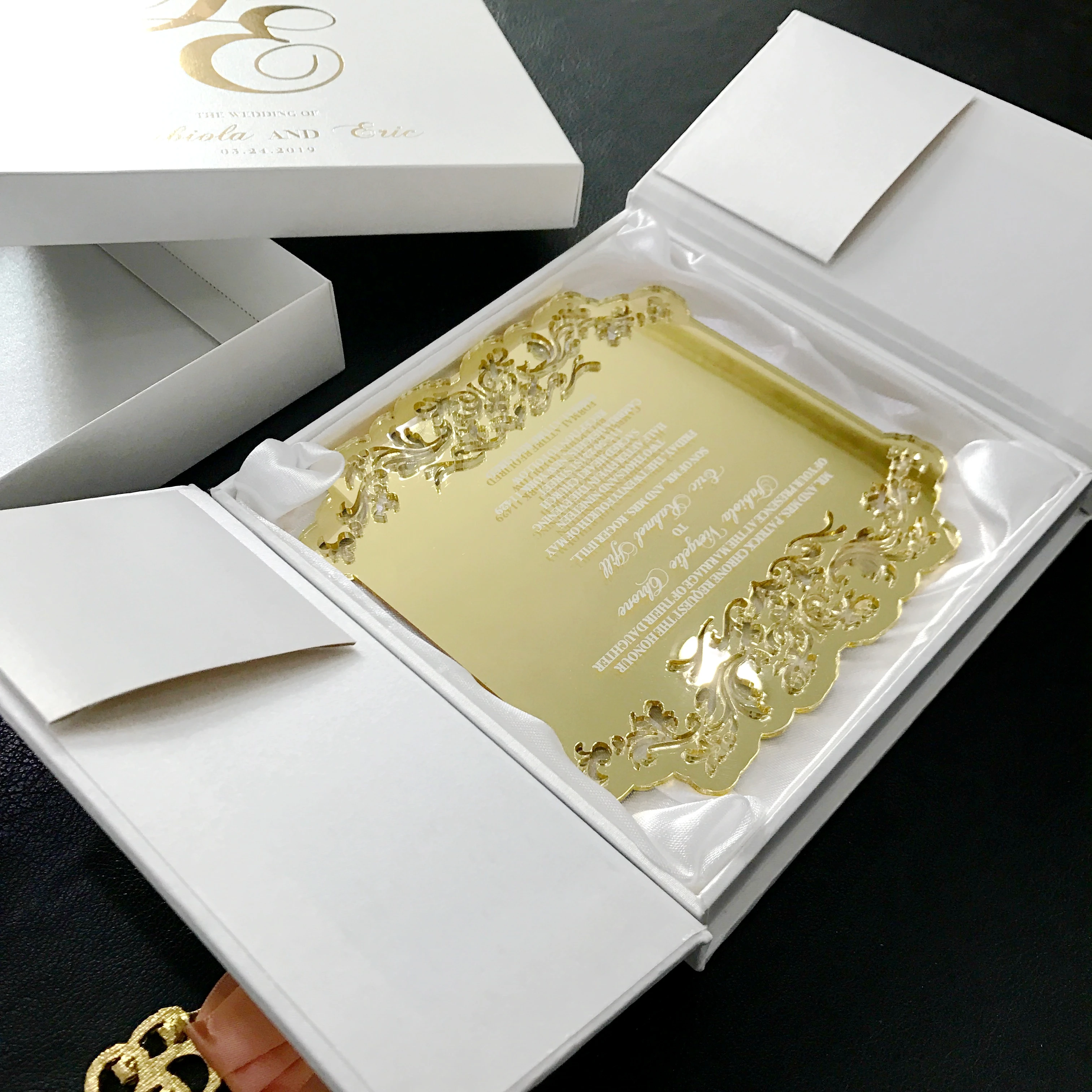 Premium Gatefold Folio Luxury Silk Wedding Invitation Box Laser Cut ...