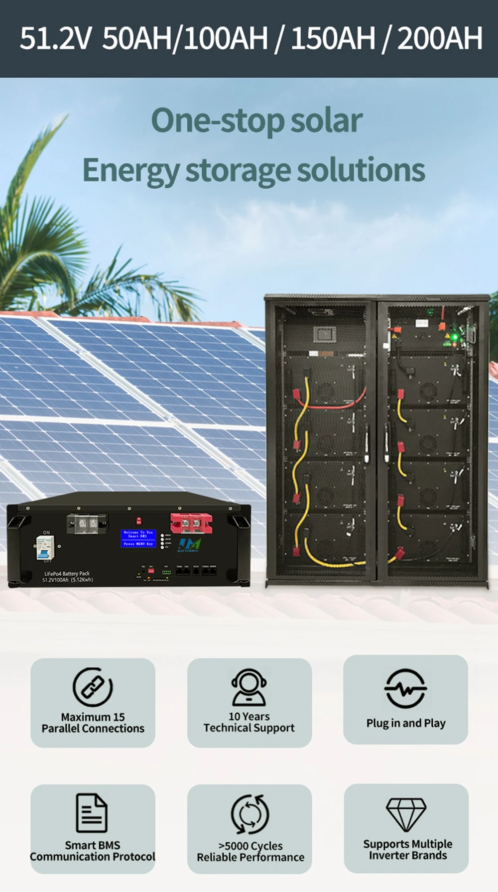 10 Kwh Wall-mounted Stacked Lifepo4 Battery Lithium 51.2v 200ah Energy ...