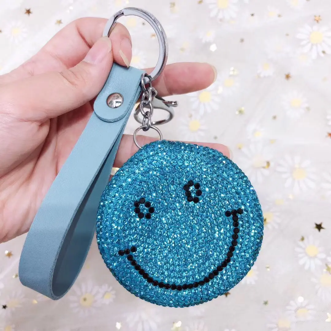 Lovely Smiling Happy Face Mirror Key Ring Diamond Handy Makeup Mirror ...