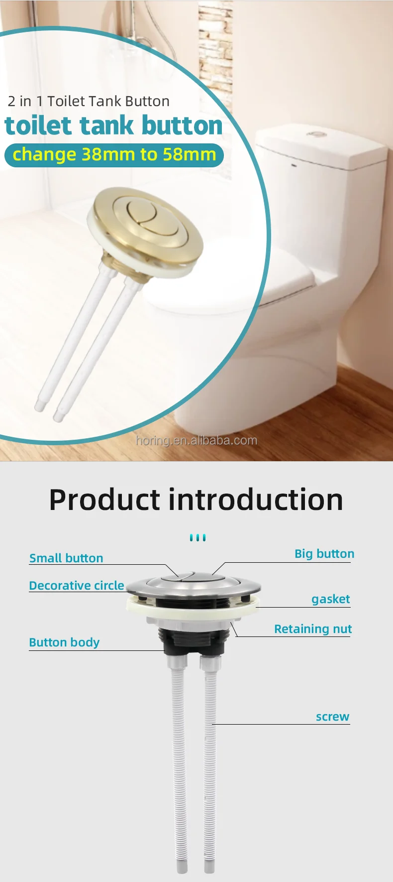 Dual Push Button Toilet Tank Fittings 38mm~58mm Double-Purpose Plastic ...