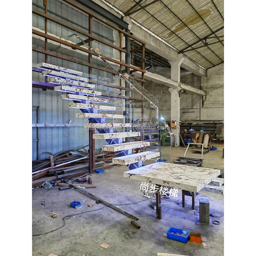 Mono Beam Staircase Interior Stairs Marble Tread & Glass Railing
