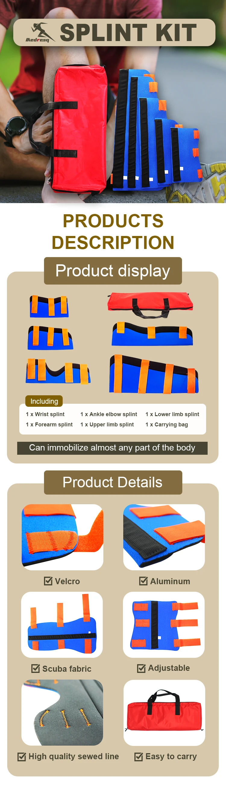 Leg Fracture Fixation Splint - Portable & Easy Use Kit
