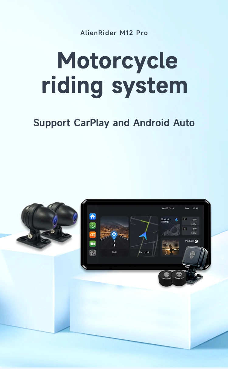 AlienRider M12 Pro Motorcycle Carplay Navigation With 6 Inch Touch Screen Dual Recording Dash ...