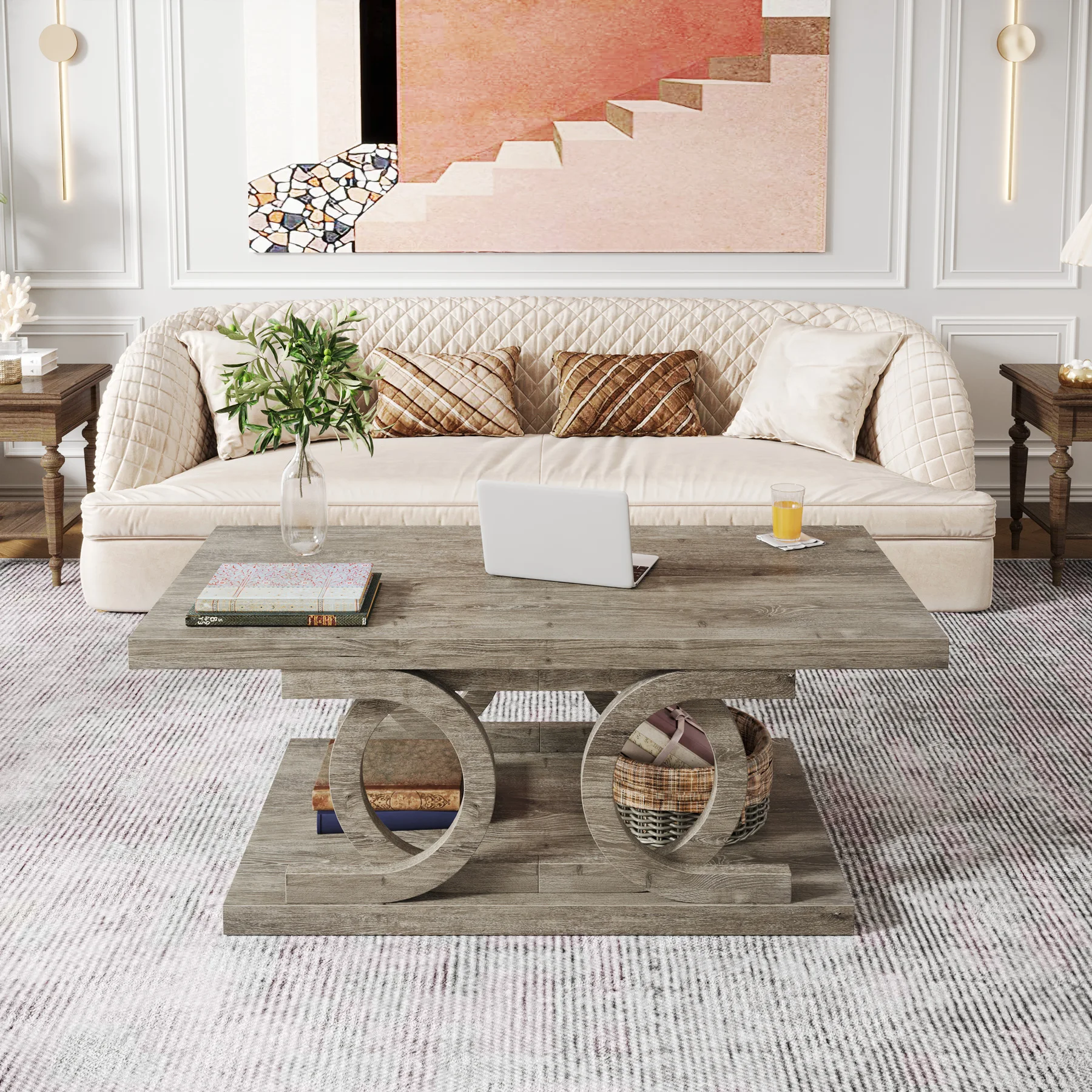 Modern Wooden Vintage Farmhouse Rustic Rectangular Grey Retro Coffee Table For Living Room Home ...