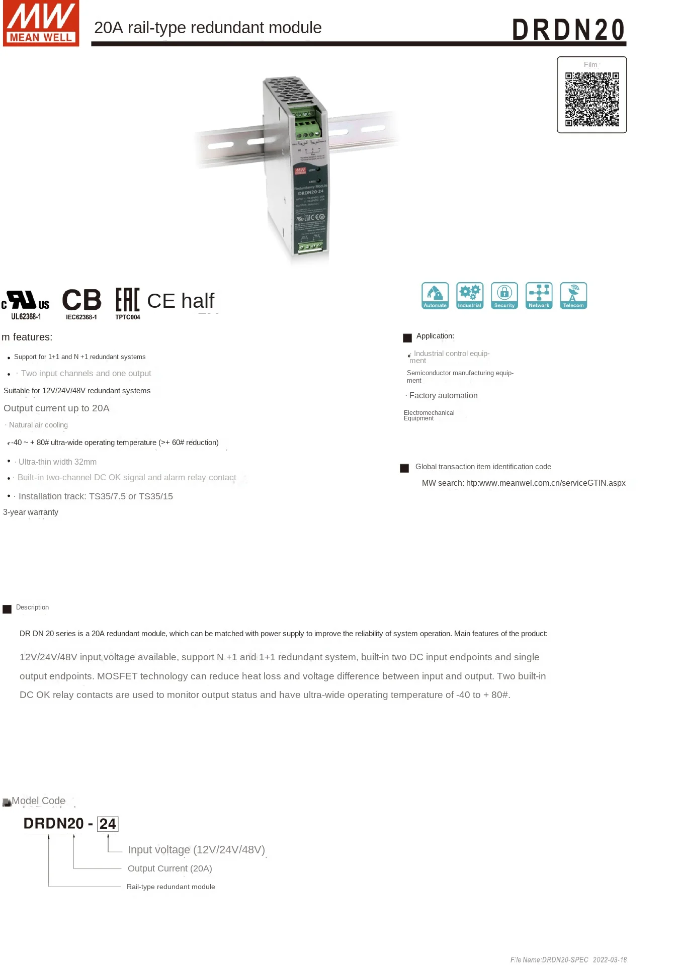 Switching Power Supply Drdn20-12/24/48v 20a Rail Mounted Din Power ...
