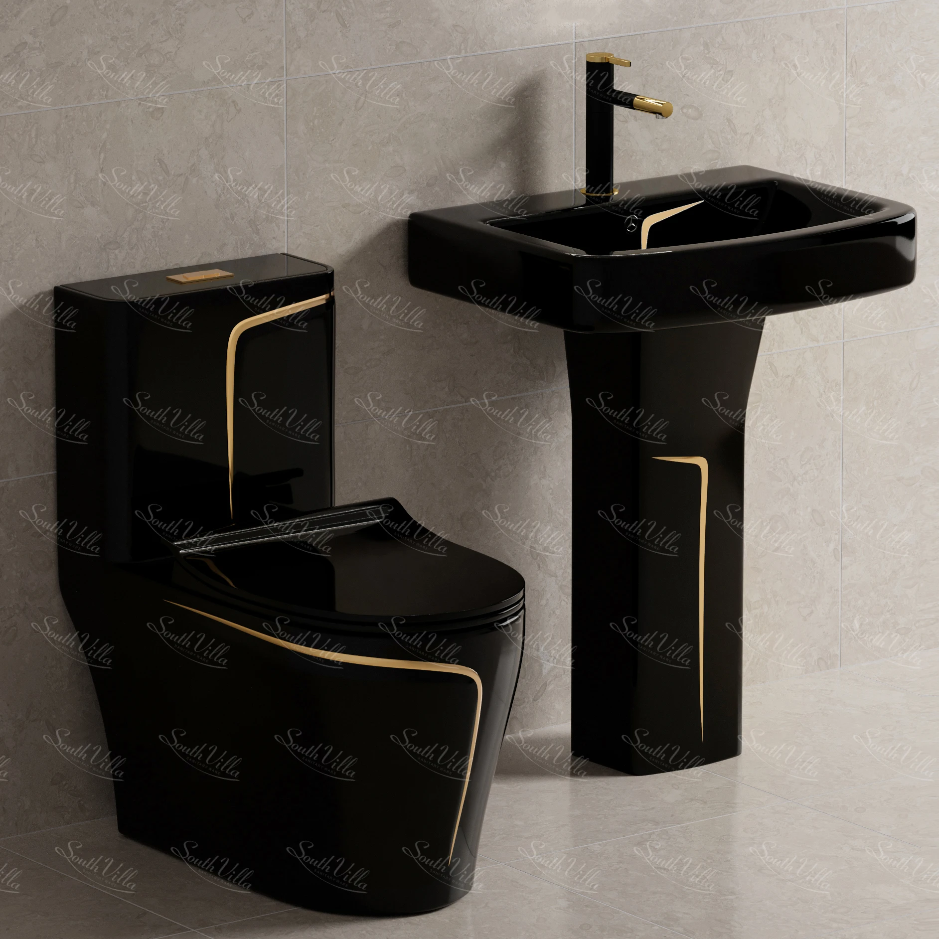 Modern Style Sanitary Ware Suite Black Gold Toilet Sink Set Pedestal ...