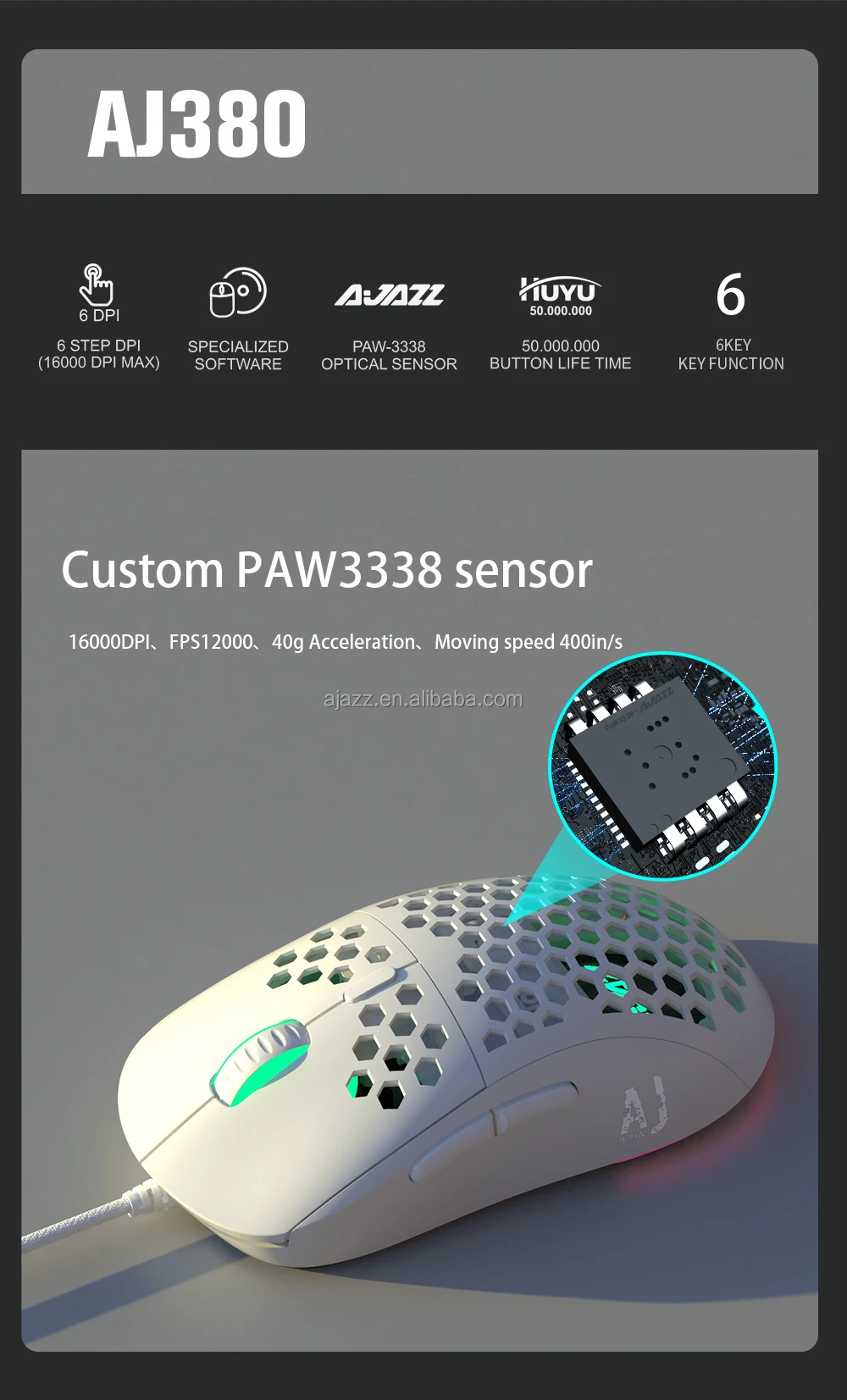 AJAZZ AJ380 Gaming Mouse - 16000 DPI, Lightweight & Ergonomic