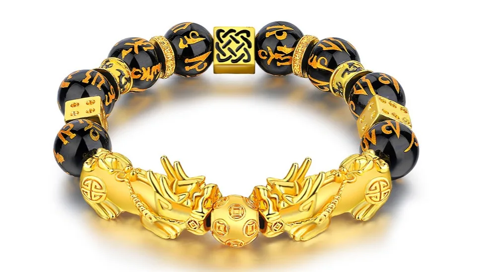 High Quality Gold Plated Charm Piyao 12mm Imitation Black Obsidian ...