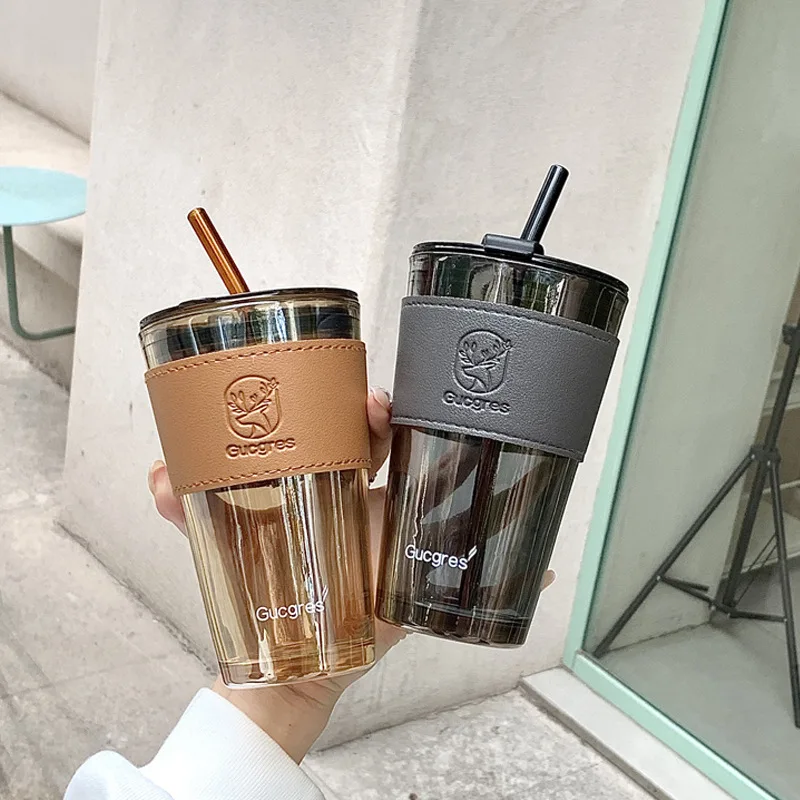 Ins Custom Logo Leather Straw Tumbler 450ml High Quality Glass Tumbler Mug For Student Girl ...