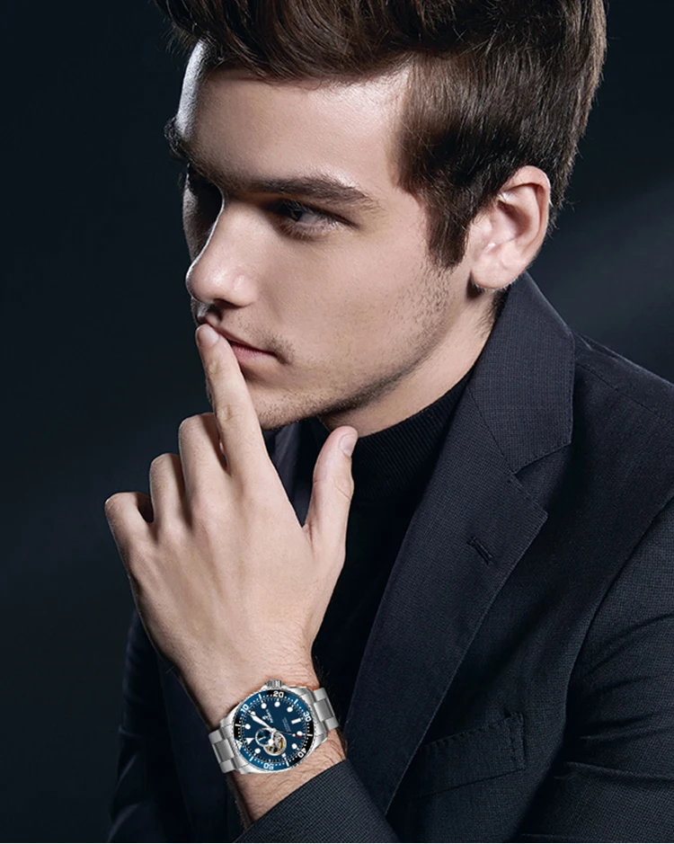 Black Skeleton Minimalist Automatic Pilot Chronograph Men Watch Leather ...