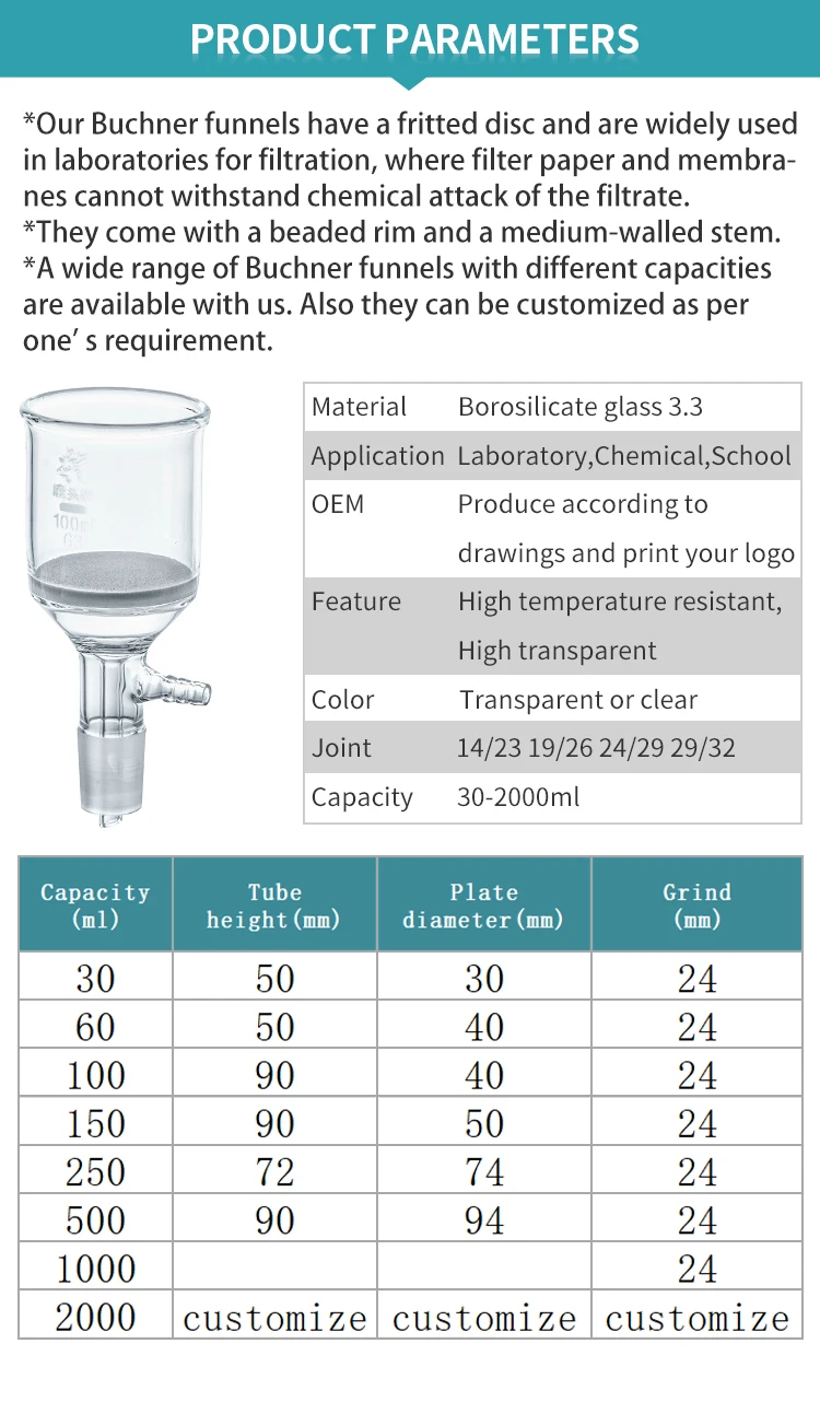 Laboratory 100 250 500 1000 2000ml Glass Busher Buchner Vacuum Suction ...