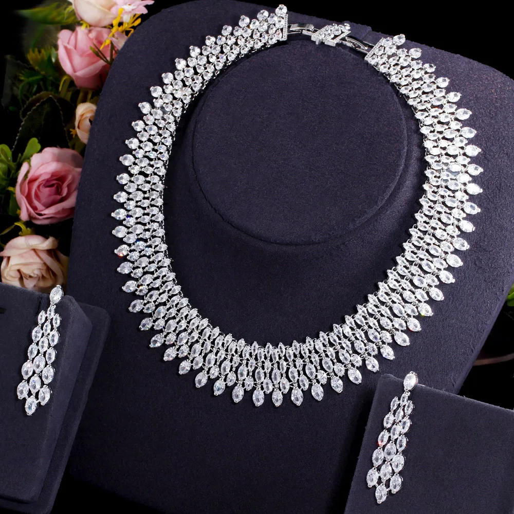 Luxury Wedding Jewelry Set Cubic Zirconia Statement Layers Wide Choker ...