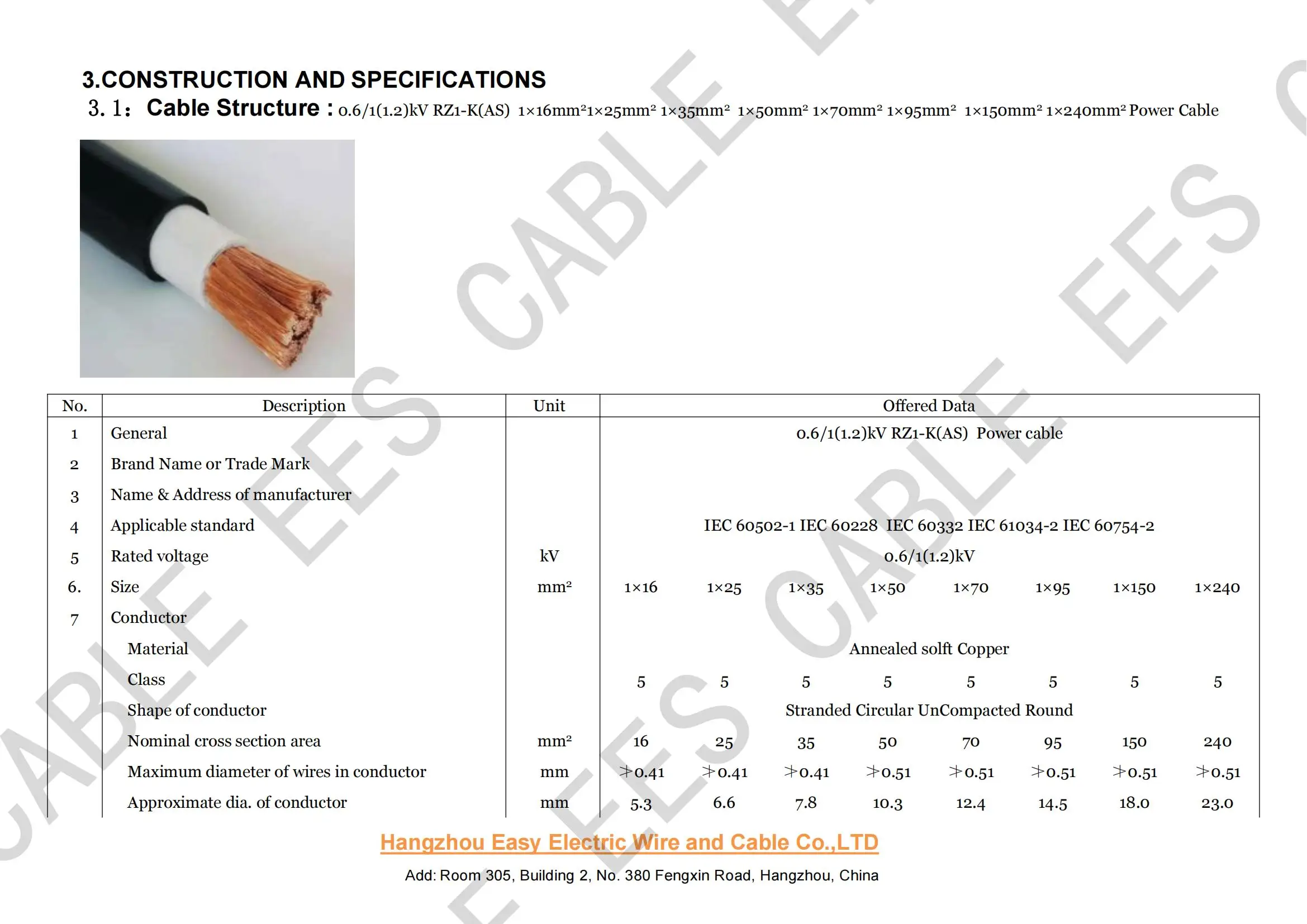 EES CABLE Rz1-K (AS) Class 5 Copper XLPE LSZH Low Voltage 0.6/1kV ...