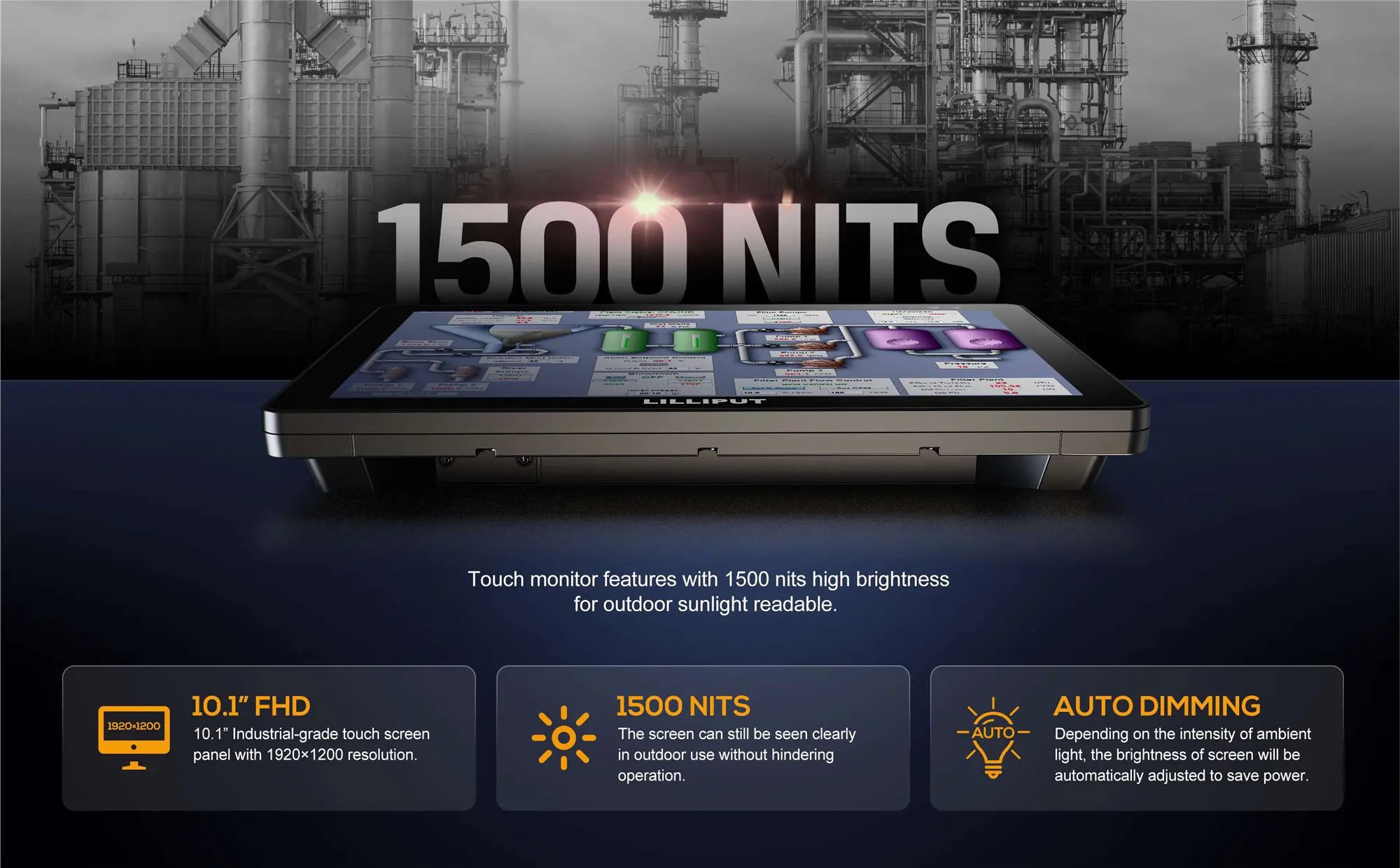 10-Inch IP65 Waterproof 1500 Nits Industrial Touch Screen Monitor