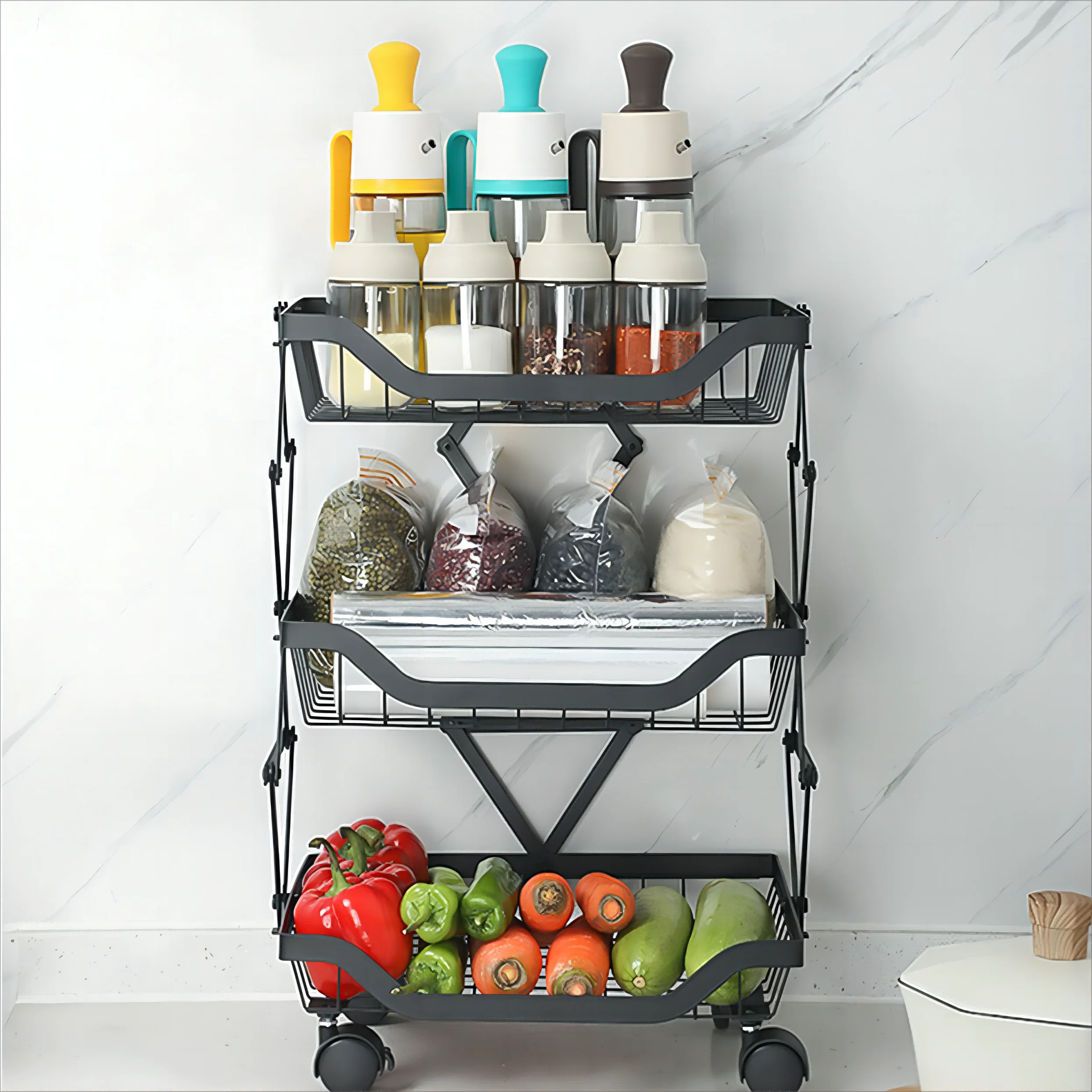Folding Food Container Vegetables Fruits Holder Movable Metal Trolley ...