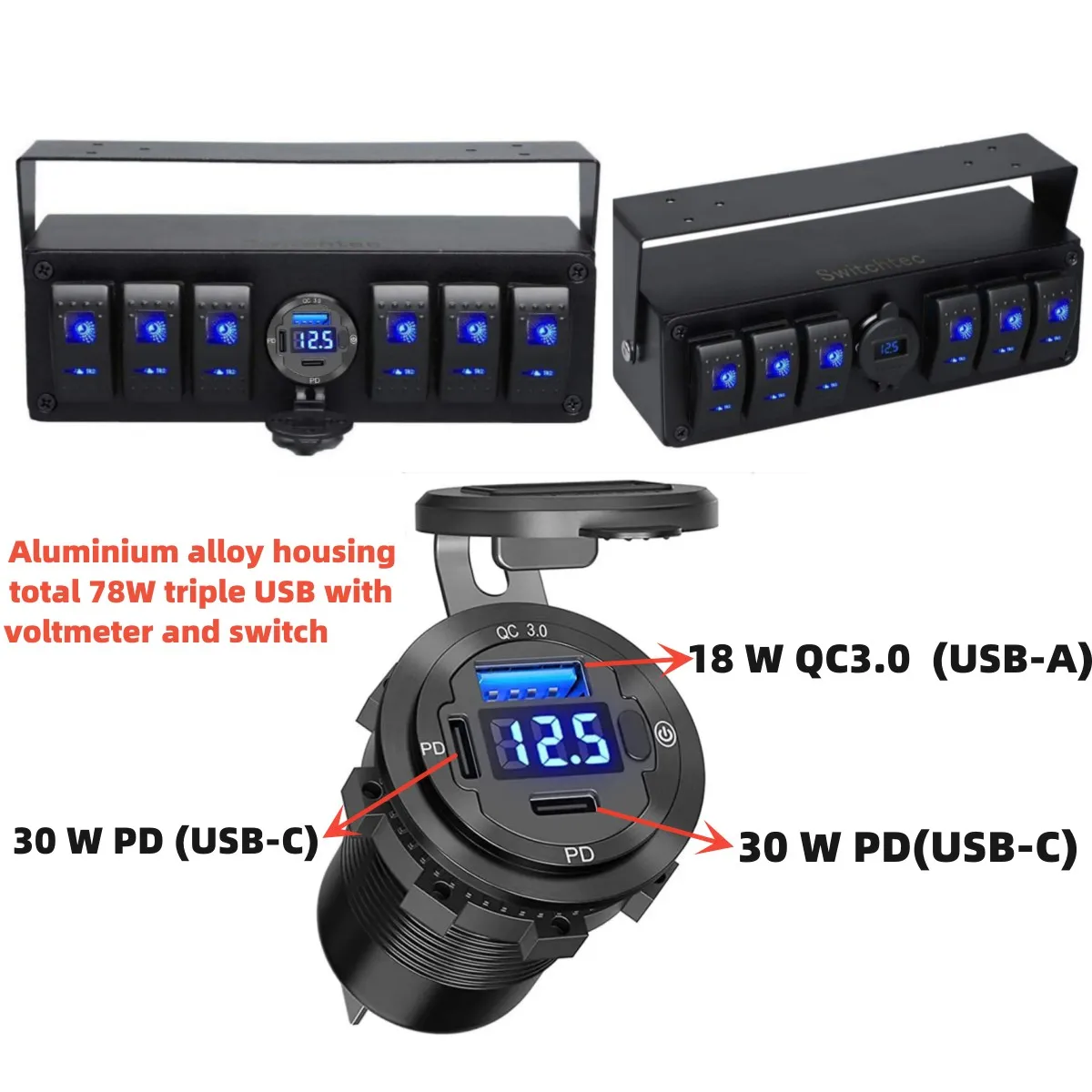 12v 6 Gang Rocker Switch Box + Aluminium Qc 3.0 +pd Usb Charger With ...