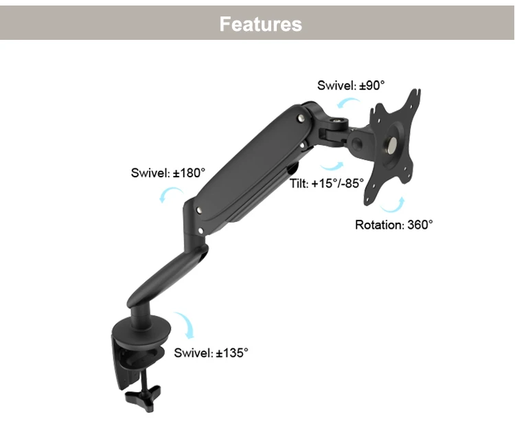 Aluminum Adjustable Desk Mount Gas Spring Single Monitor Arms Flat ...