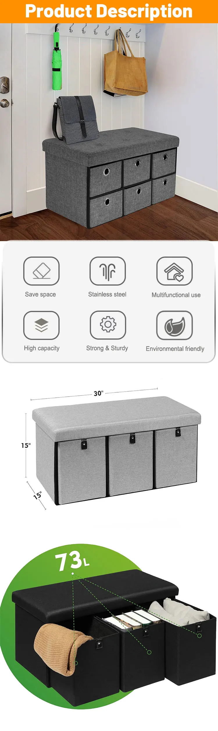 Luxury Space Saving Living Room Folding Ottoman Storage Footrest Stool ...