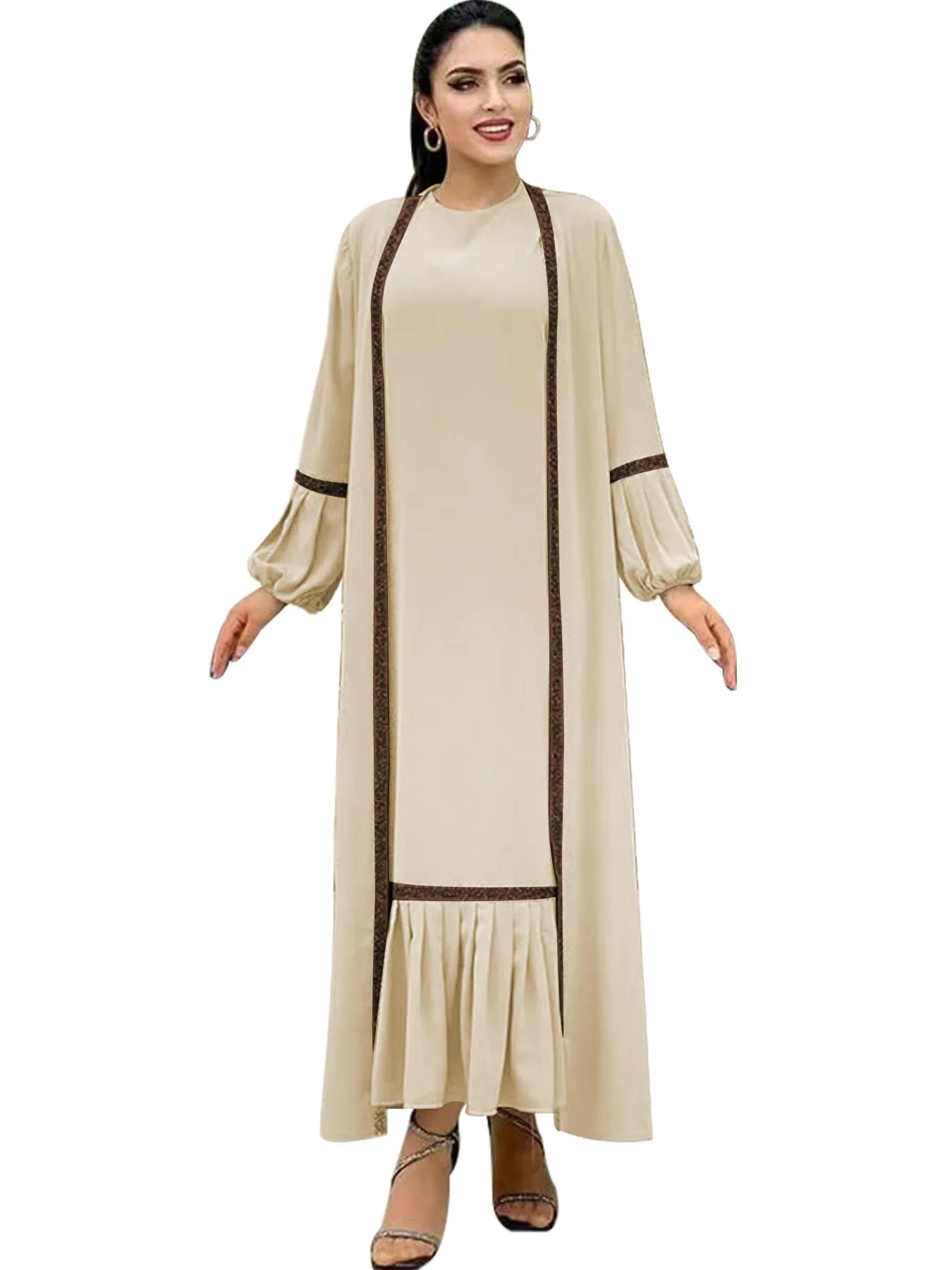 Muslim Kaftan Inner Dress Two-piece Set New Solid Color Beaded Outer ...