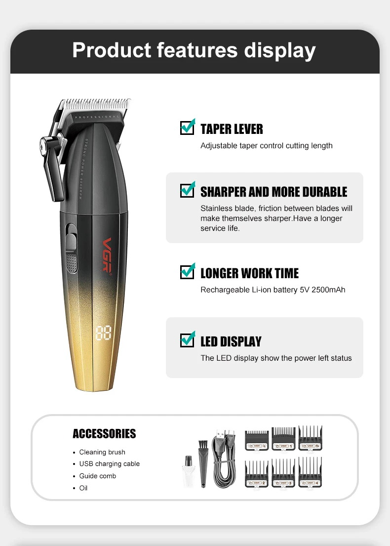 Vgr V-003 9000rpm Metal Salon Barber Clippers Rechargeable Professional ...