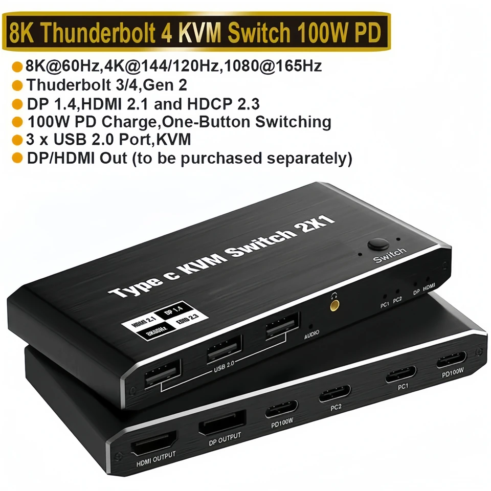 8K Thunderbolt 4 USB-C KVM Switch for 2 Computers, Share 1 Monitor, 4K ...