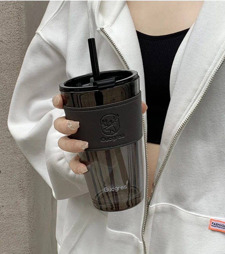 Ins Custom Logo Leather Straw Tumbler 450ml High Quality Glass Tumbler Mug For Student Girl ...
