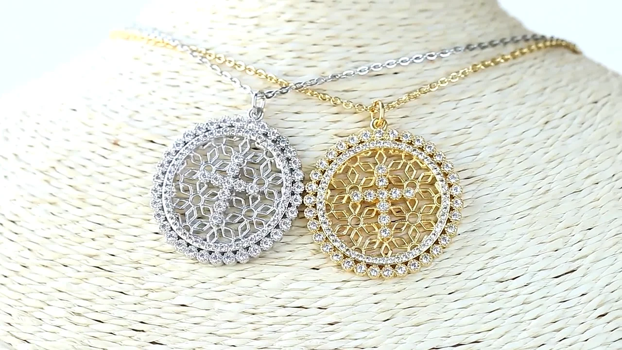 Retro Hollow Flower Pattern Round Cross Pendant Necklace Women Zircon ...