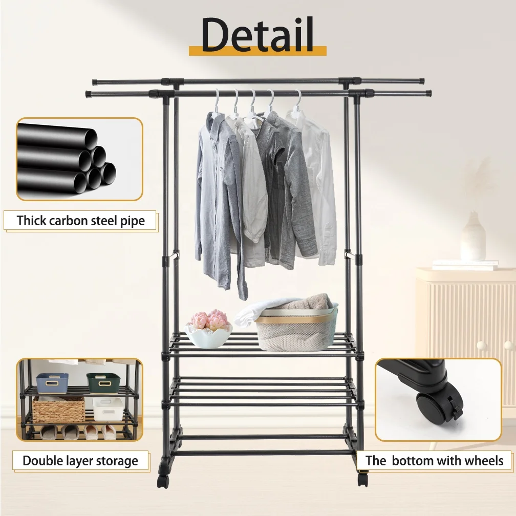 Baoyouni Black Double Rod Adjustable Clothes Rack With 2 Storage ...