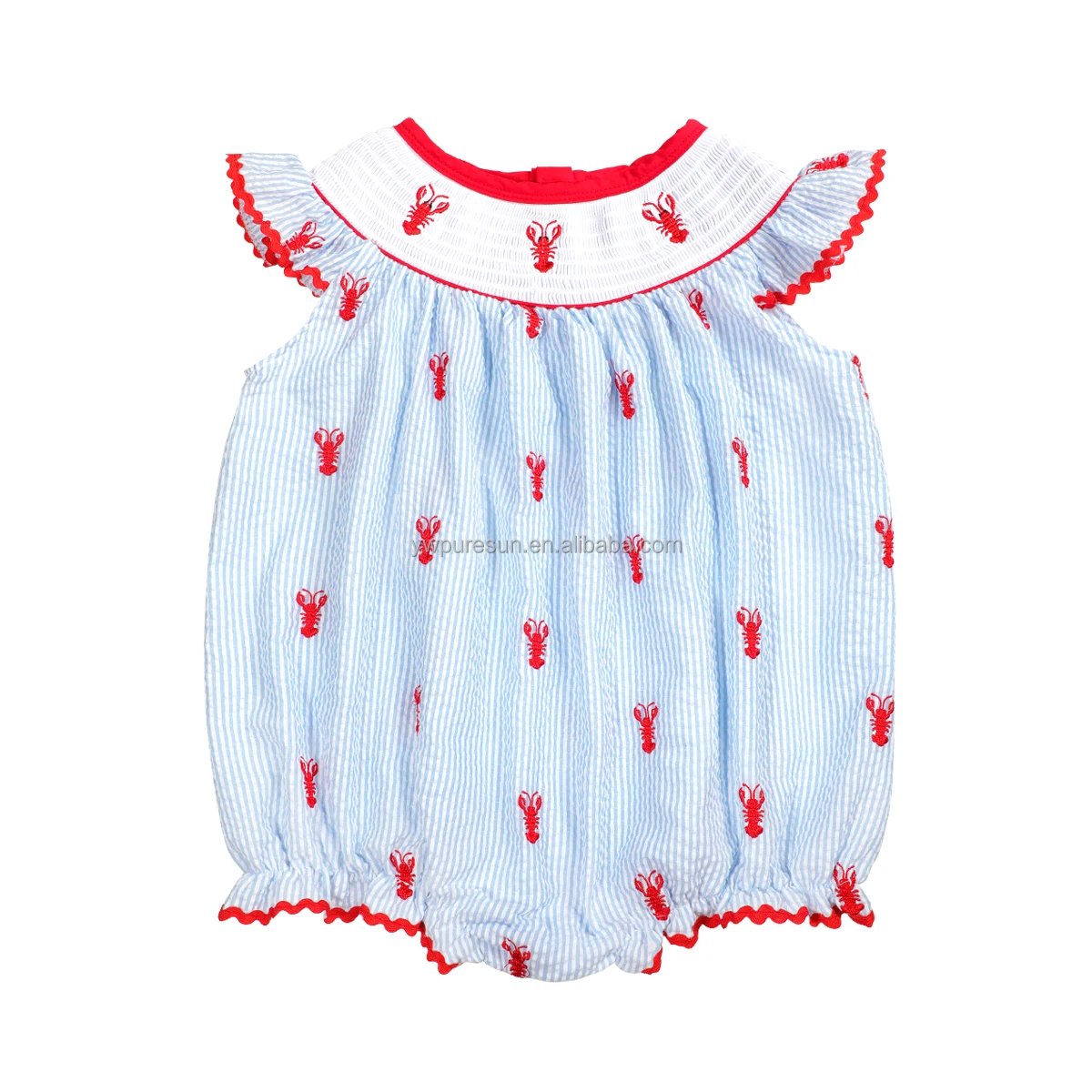 Puresun Smocked Children Outfits Lobster Embroidery Seersucker Fabric ...